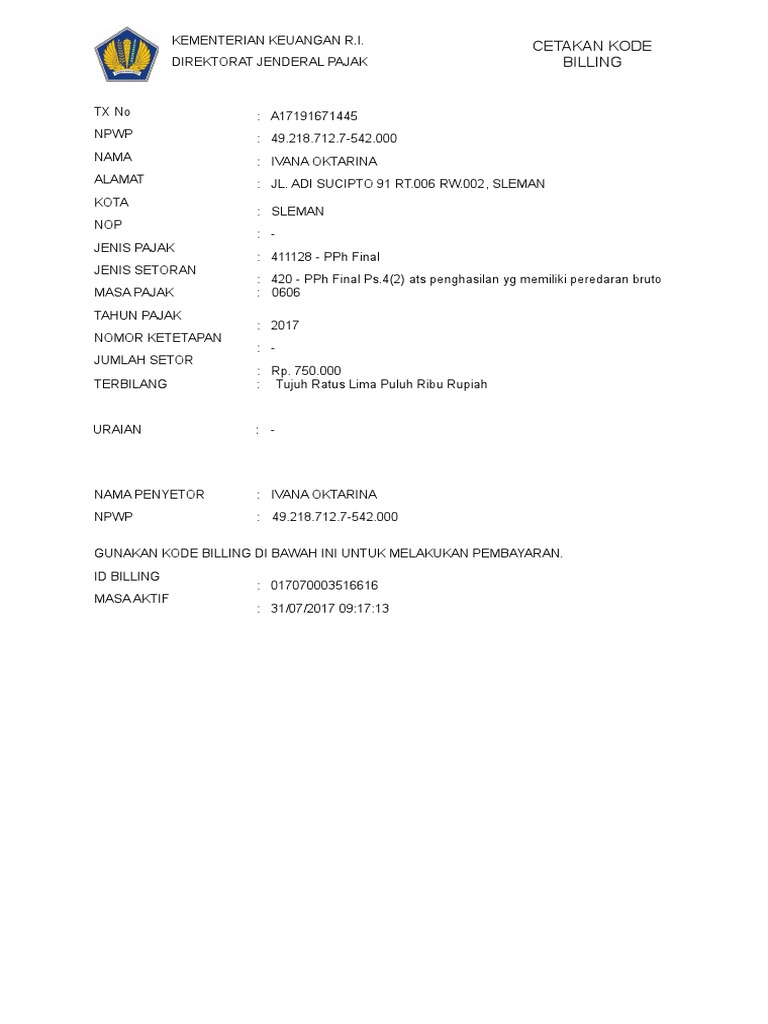 Contoh Kode Billing Pajak 2025 | PDF