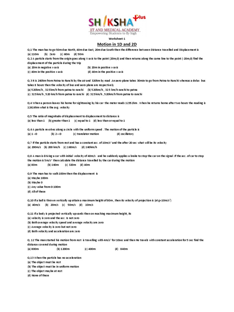 Worksheet Physics 1d and 2d 1 | PDF | Velocity | Motion (Physics)