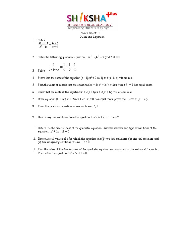 Quadratic Equations Worksheet - 1 | PDF