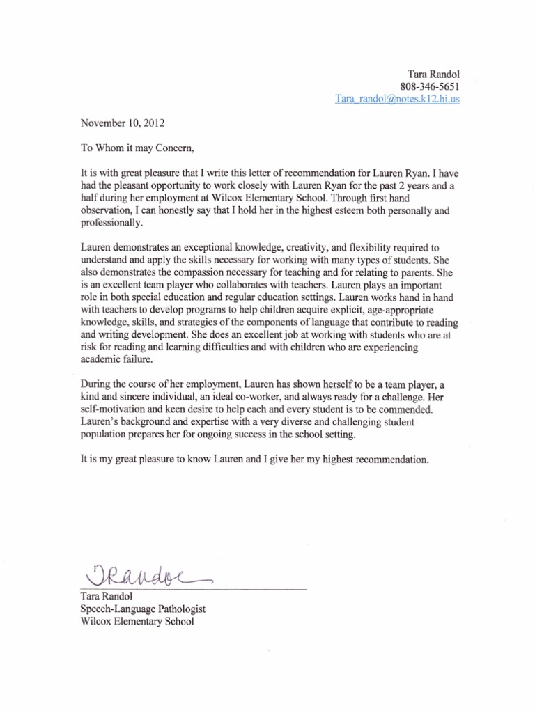 letter of rec speech therapy