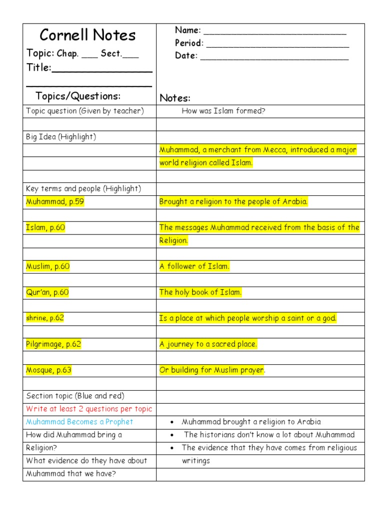 Cornell Notes: Topic: Title: - Topics/Questions: Notes | PDF | Muhammad ...