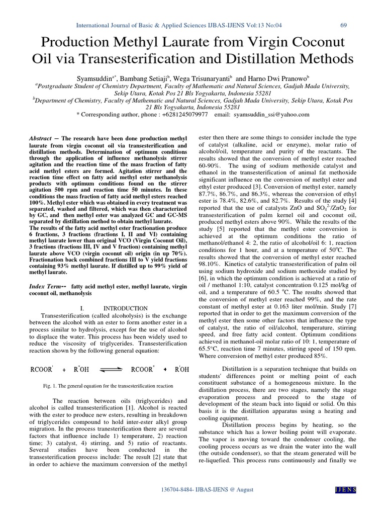 Production Methyl Laurate From Virgin Coconut | PDF | Distillation | Ester