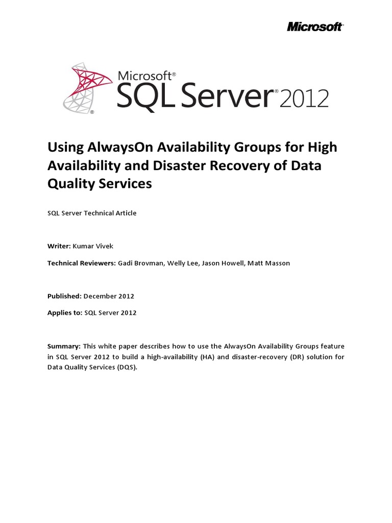 Using AlwaysOn Availability Groups For HighAvailability and DisasterRecovery of DQS | PDF ...