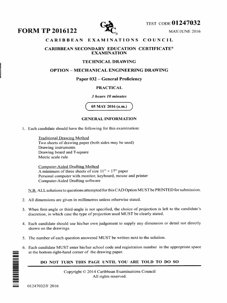 2016 May CSEC Technical Drawing Paper3 | PDF | Technical Drawing | Screw