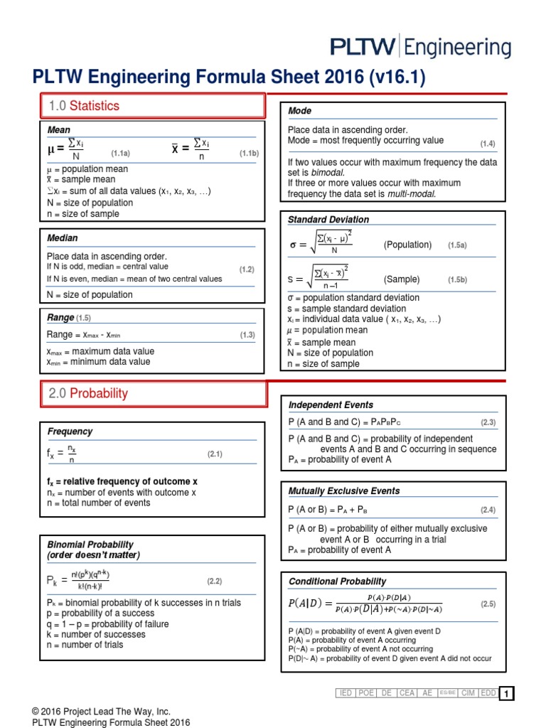 PLTW Engineering Formula Sheet 2016 (v16.1) : Statistics | PDF | Mode ...