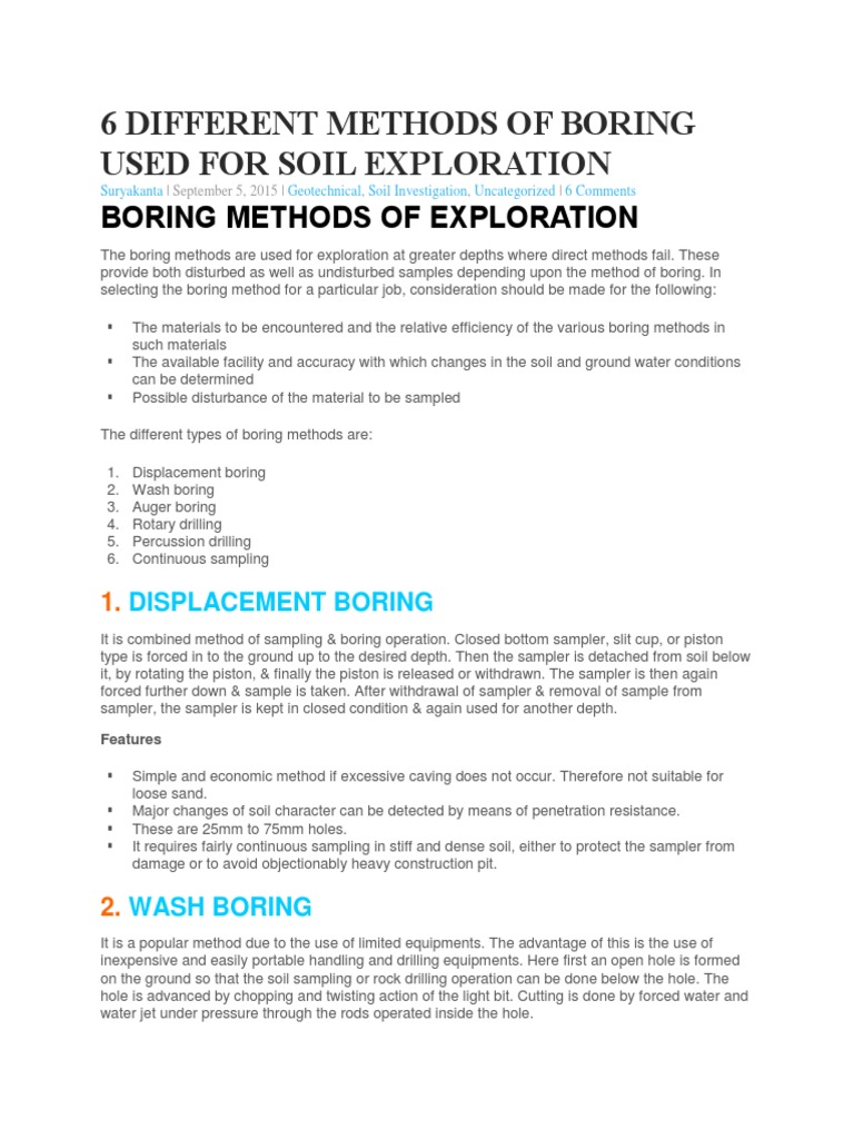 Soil Exploration Boring Methods | PDF | Drilling | Geotechnical Engineering
