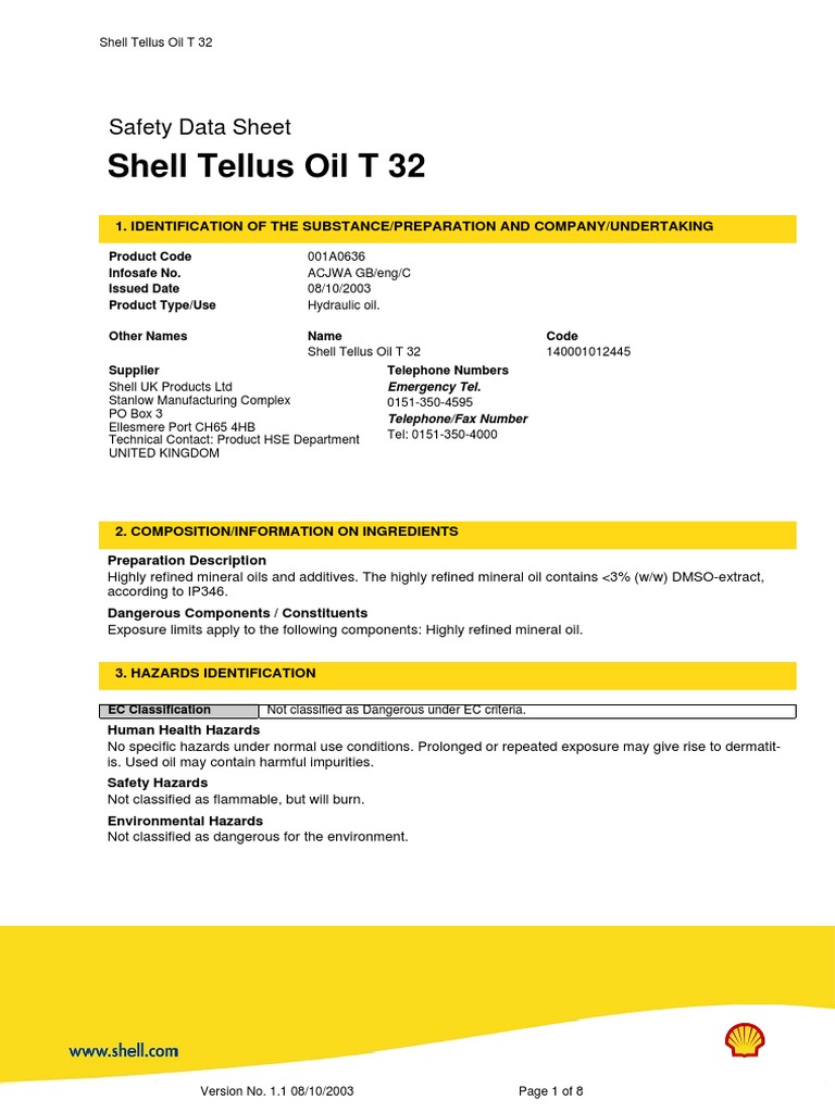 Shell Tellus Oil T 32: Safety Data Sheet | PDF | Dangerous Goods ...