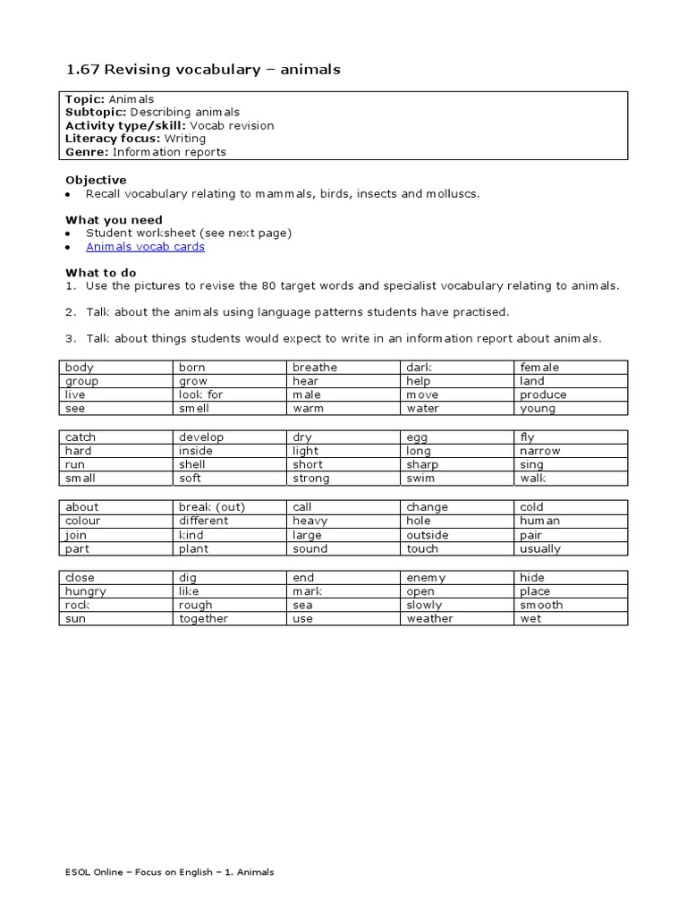 Animal Vocabulary Revision Guide | PDF