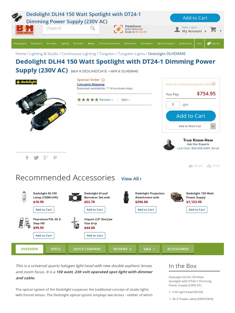 Recommended Accessories: Dedolight DLH4 150 Watt Spotlight With DT24-1 ...