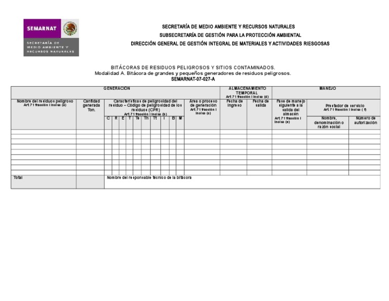 Bitácora De Residuos Peligrosos Semarnat Pdf Residuos Ambiente