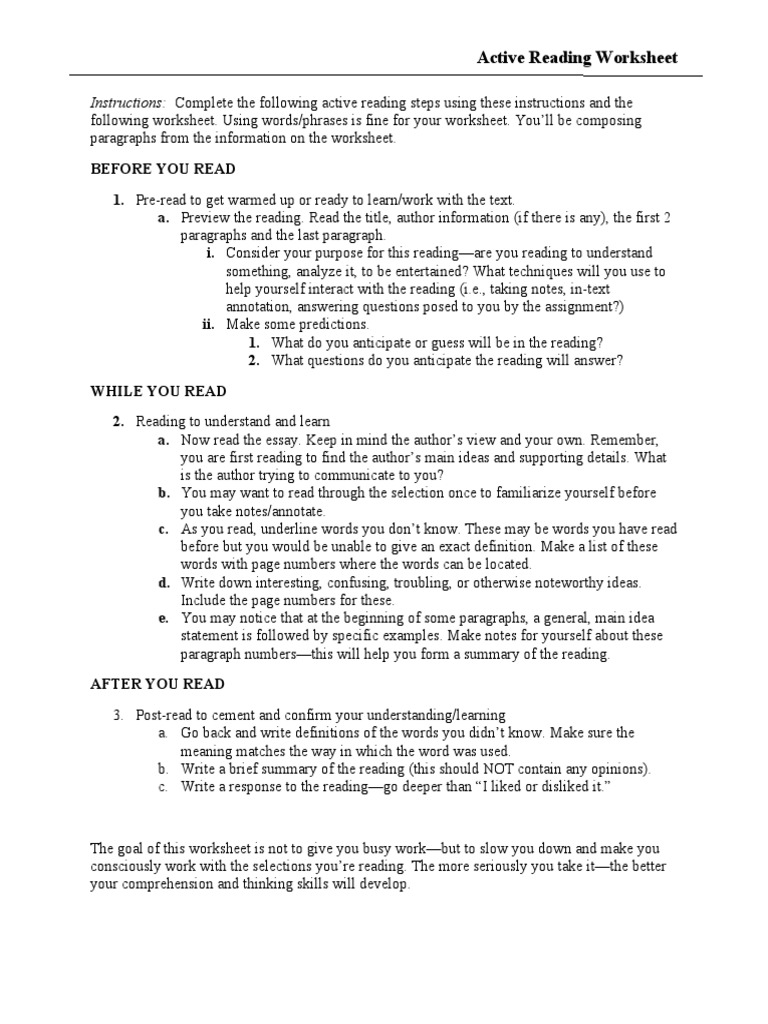 Active Reading Worksheet | PDF | Reading Comprehension | Behavior ...