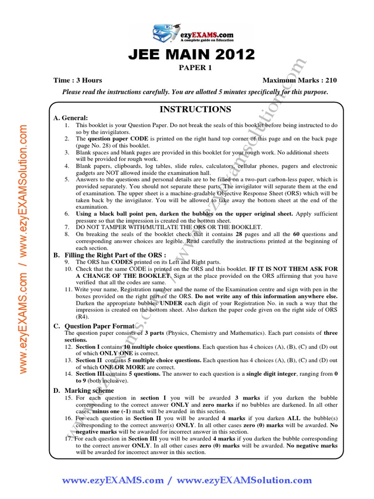 JEE Main 2012 Paper 1 With Solution Ezyexamsolution PDF | PDF | Lens ...