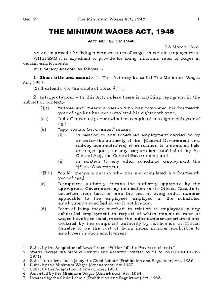 Minimum Wages Act 1948 PDF | PDF | Overtime | Wage