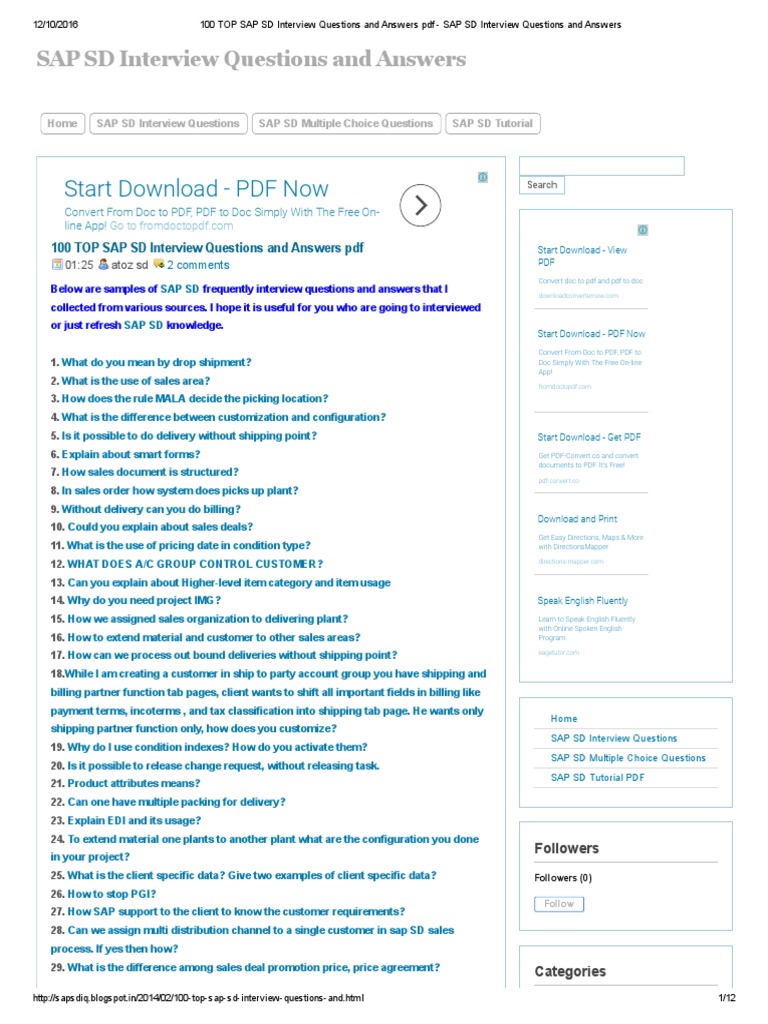 100 TOP SAP SD Interview Questions and Answers PDF - SAP SD Interview ...