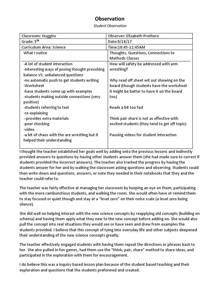 Science Lesson Observation Form 1 | PDF | Concept | Classroom