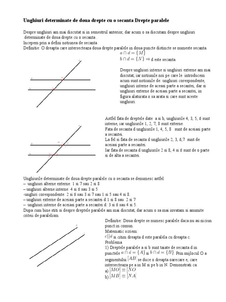 Unghiuri Determinate de Doua Drepte Cu o Secanta Drepte Paralele | PDF