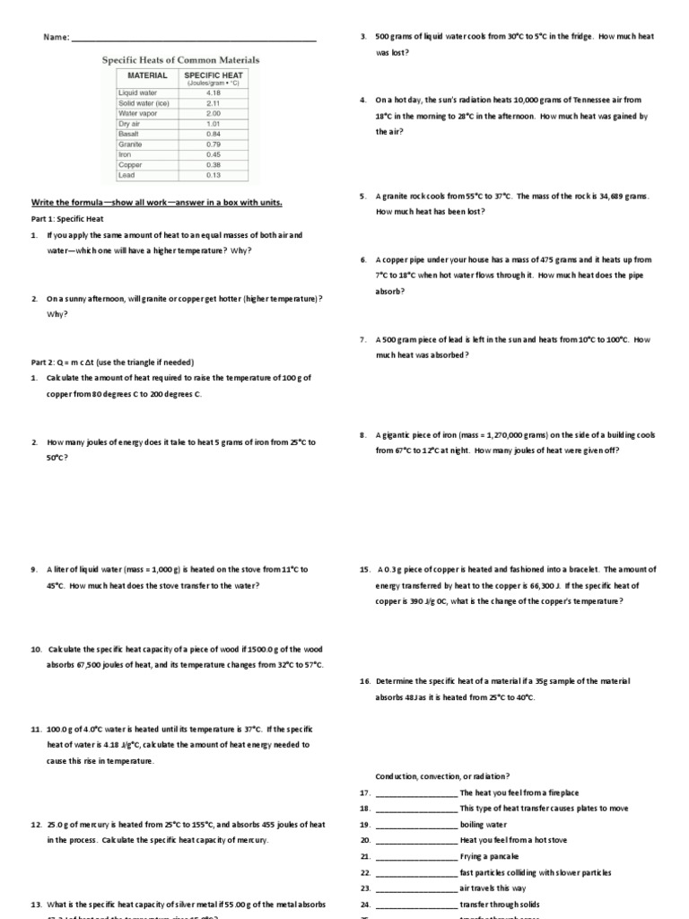 Specific Heat Practice Sub Work | PDF | Heat Capacity | Heat