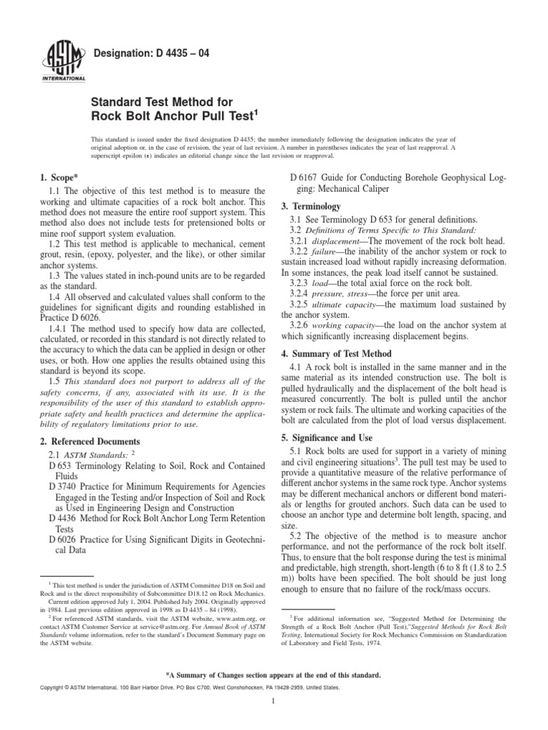 Rock Bolt Anchor Pull Test: Standard Test Method For | PDF | Accuracy ...