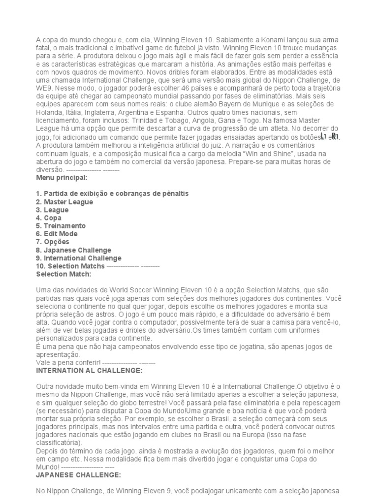 Dica de Wing Eleven 9 | PDF | Copa do Mundo FIFA | Futebol