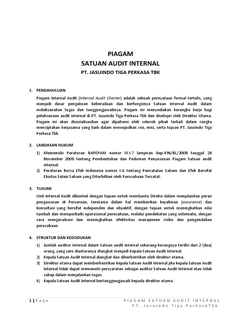 Contoh PIAGAM - AUDIT - INTERNAL Perusahaan PDF | PDF