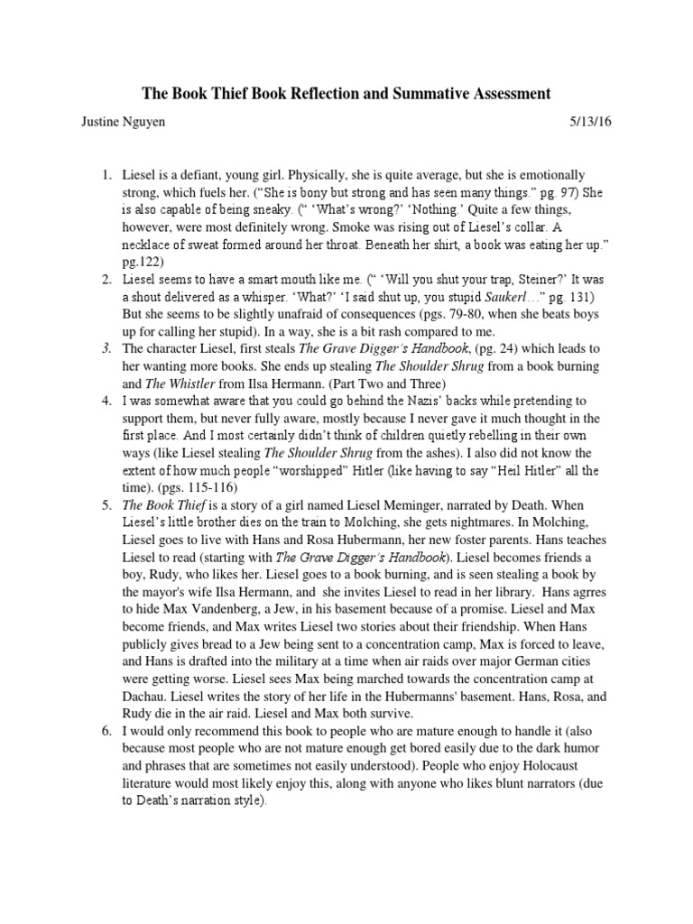 The Book Thief Book Reflection and Summative Assessment | Unrest