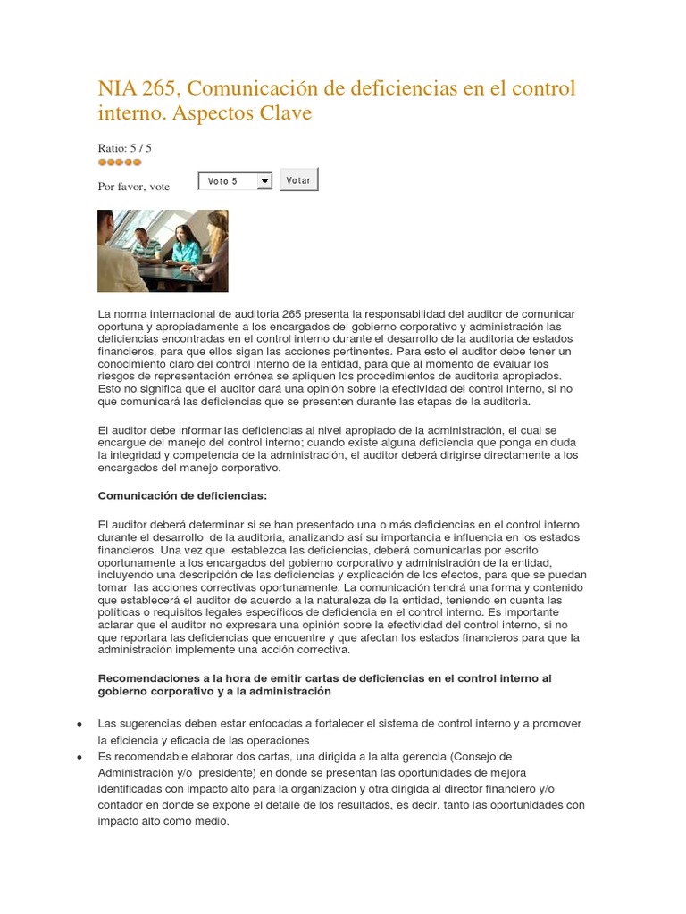 NIA 265 Carta Con Recomendaciones | Contralor, auditor | Corporaciones