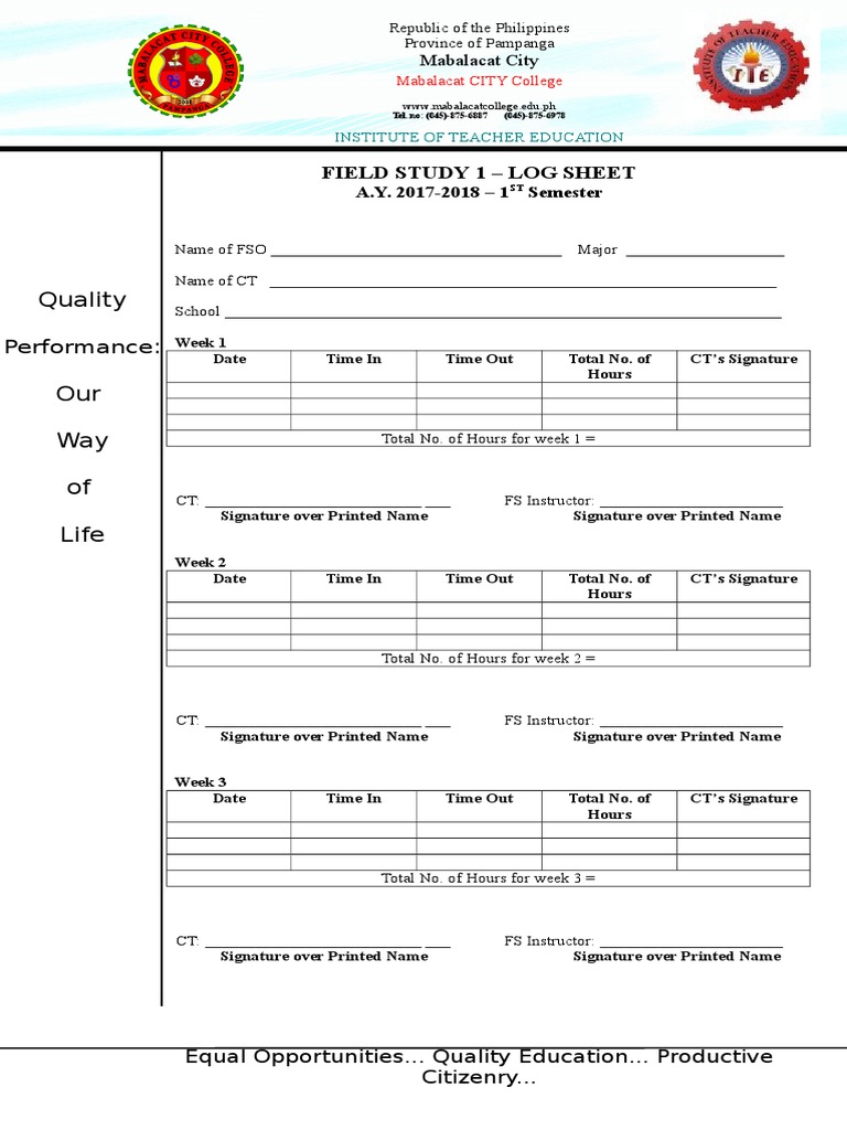 Quality: Our Way of Life: Field Study 1 - Log Sheet | PDF | Career ...