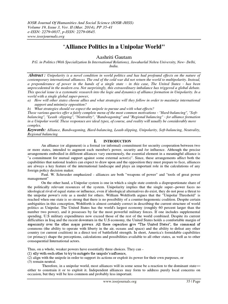"Alliance Politics in A Unipolar World": Aashriti Gautam | PDF ...