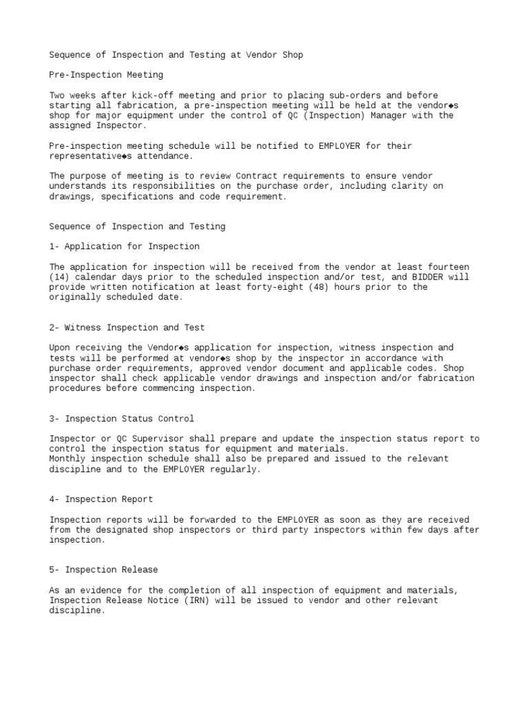 Sequence of Inspection and Testing at Vendor Shop | PDF
