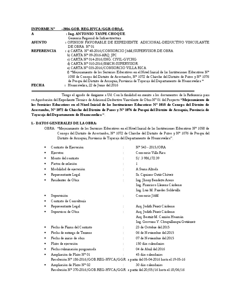 Informe de Adicional y Deductivo Vinculante de Obra N 01 Conopa | PDF | Tanques | Presupuesto