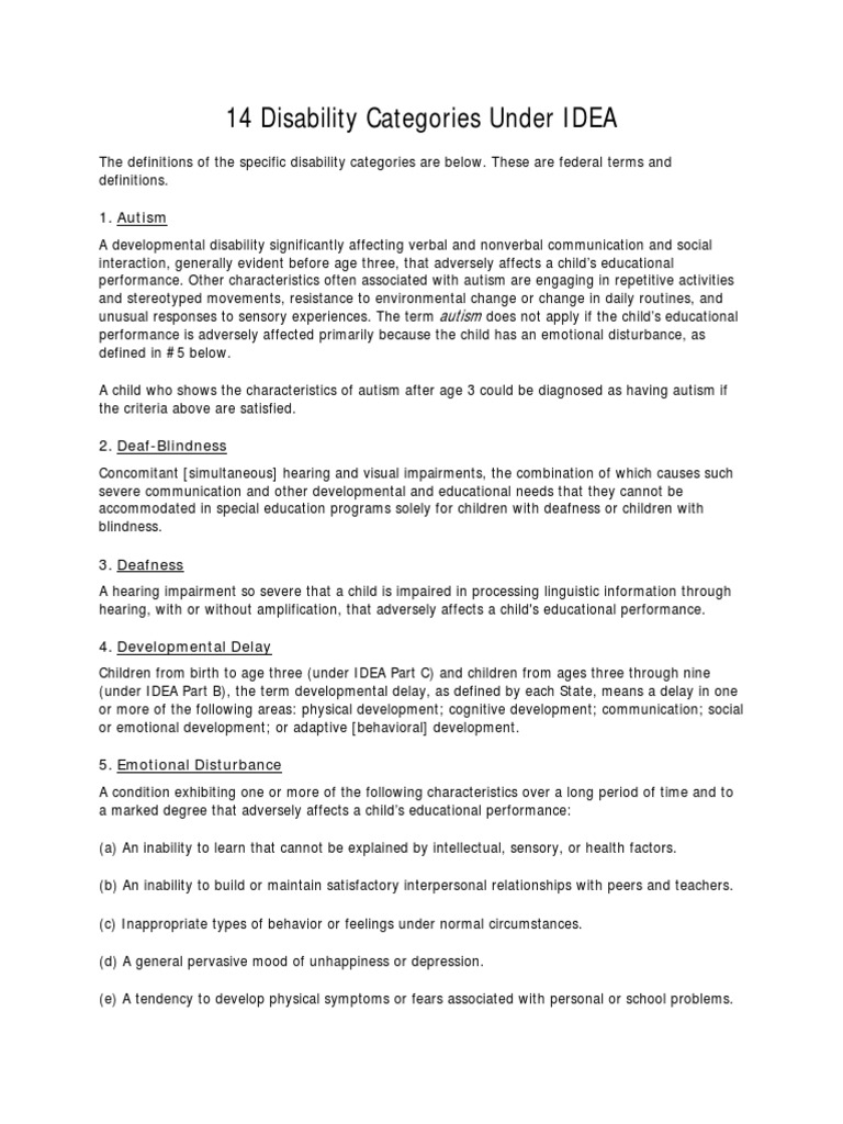 14 Disability Categories Under IDEA | PDF | Autism | Intellectual ...