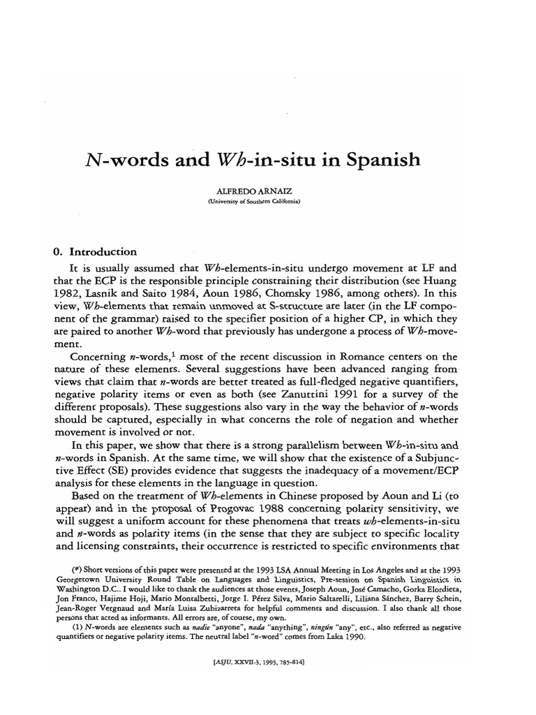 N-Words and Wh-In-situ in Spanish | PDF | Clause | Question