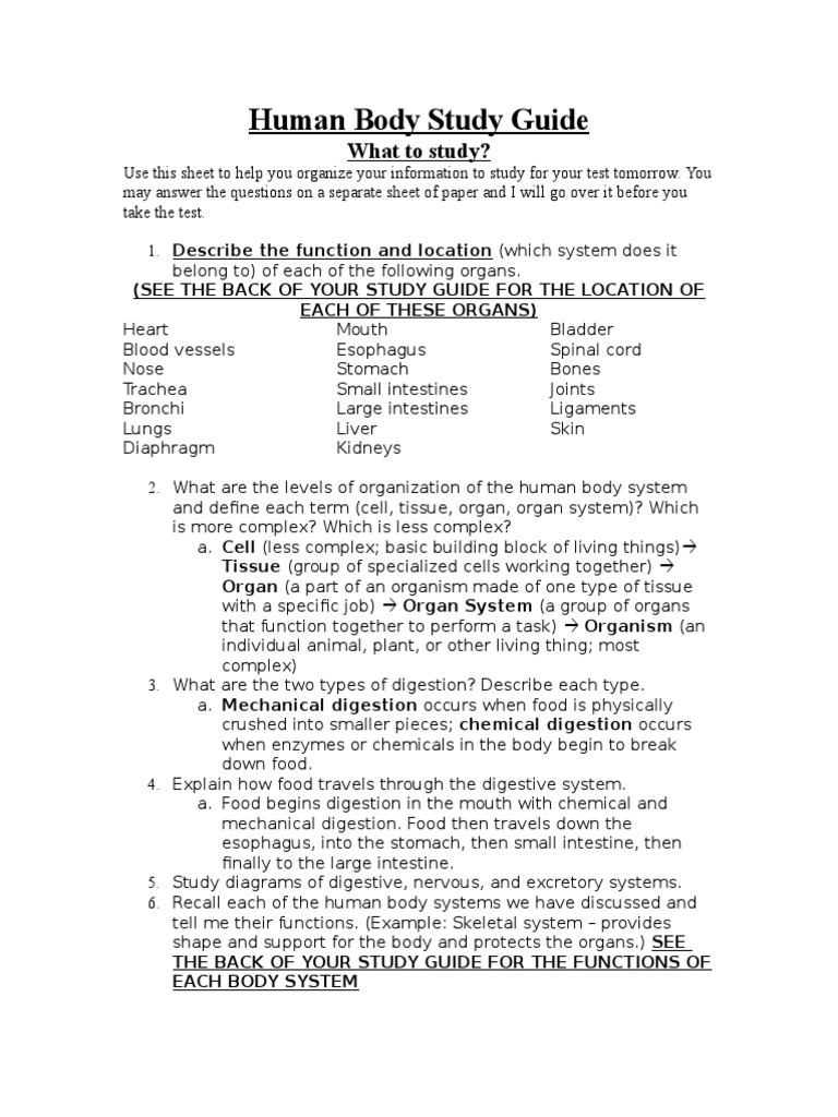 Human Body Study Guide Answers | PDF | Human Body | Digestion