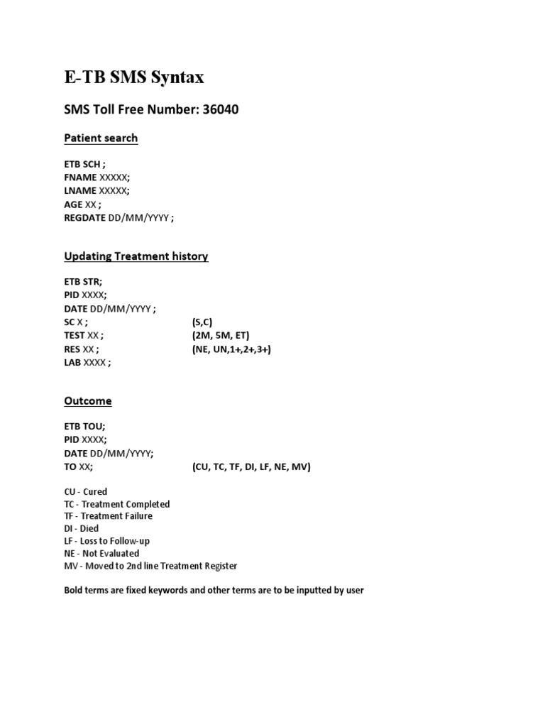 E-TB SMS Syntax: SMS Toll Free Number: 36040 | PDF | Technology ...