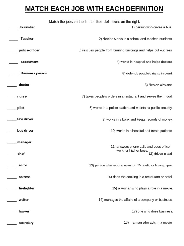 Job Definitions Matching Exercise | PDF | Restaurant And Catering ...