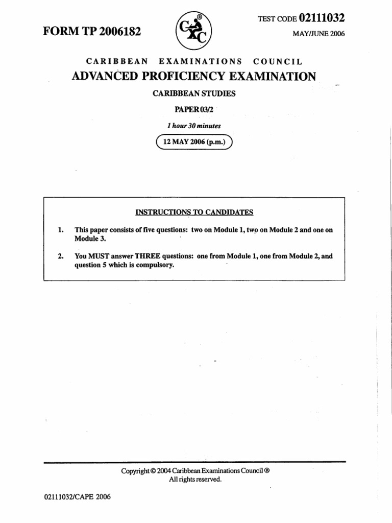 CAPE Caribbean Studies 2006 P032 | PDF | Test (Assessment) | Communication
