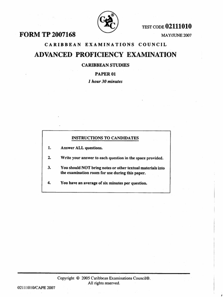 CAPE Caribbean Studies 2007 P1 | PDF