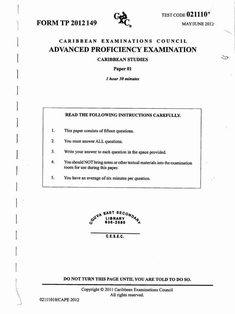 CAPE Caribbean Studies 2012 P1 | PDF | Educational Assessment