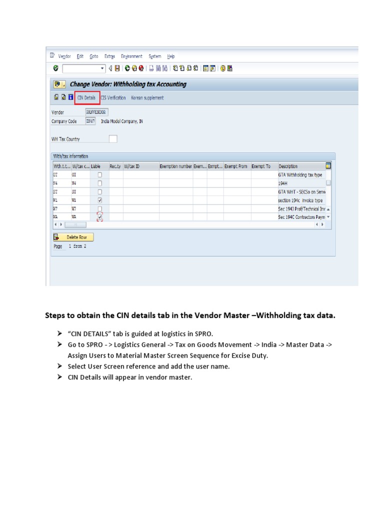 Steps To Obtain The CIN Details Tab in The Vendor Master - Withholding ...