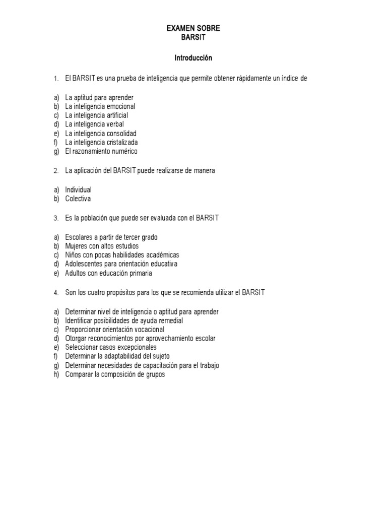 Examen Sobre Barsit | PDF | Validez (Estadísticas) | Prueba (evaluación)