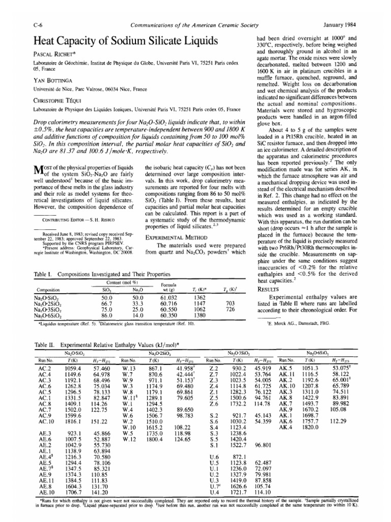 Heat Capacity of Sodium Silicate Liquids: Pascal Richet | PDF | Glasses | Calorimetry