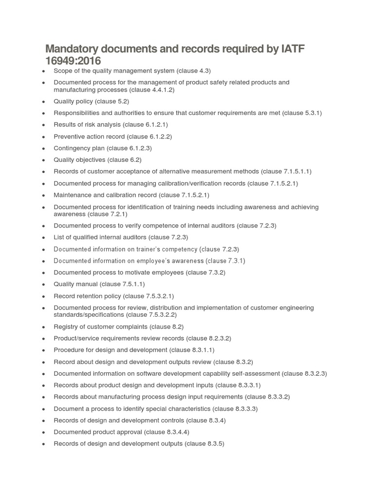 IATF 16949 Mandatory Document List | PDF | Software Development | Business