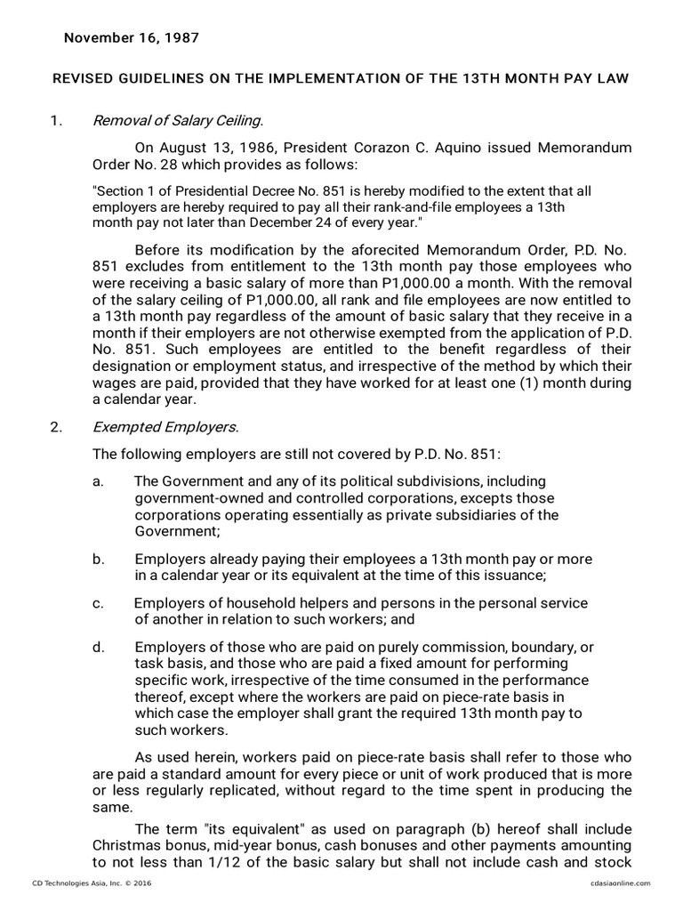 Revised Guidelines On The Implementation Of The 13th Month Pay Law