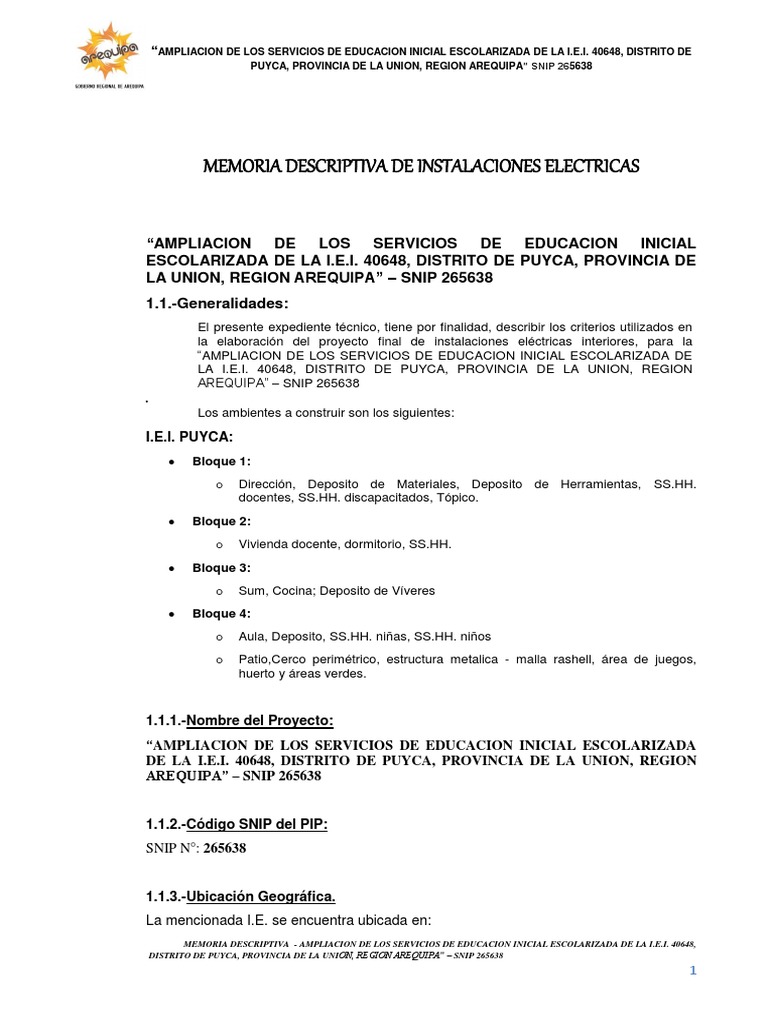 Memoria Descriptiva, Especificaciones Electricas | PDF | Energia electrica | Enchufes y tomas de ...