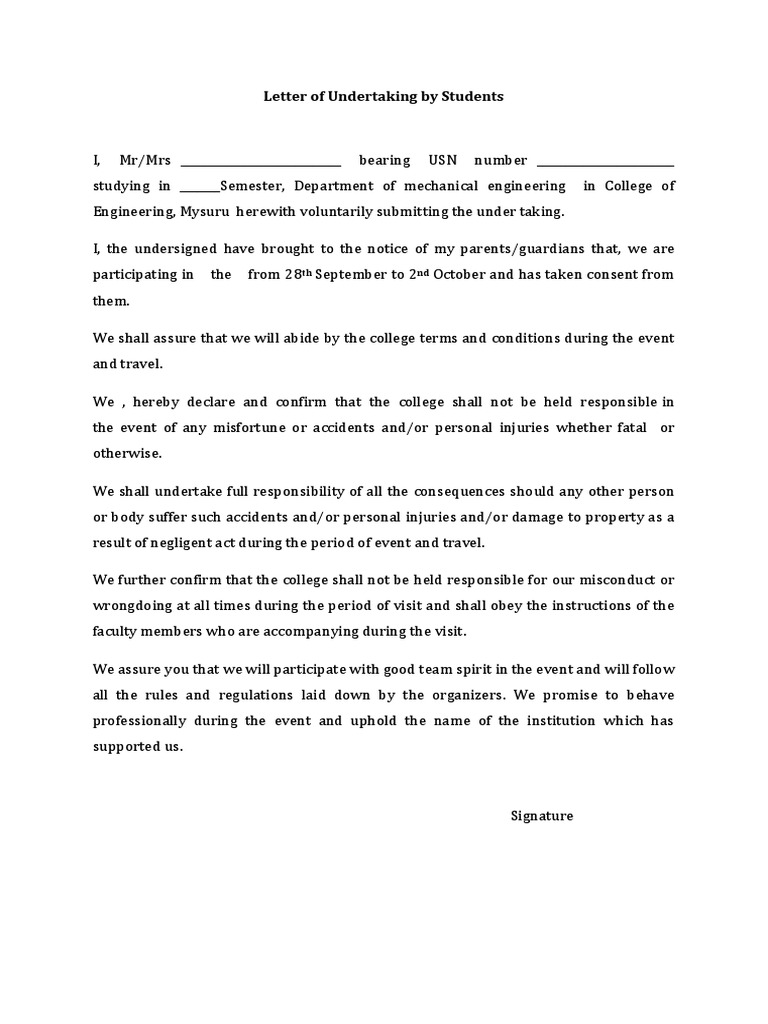 Letter of Undertaking by Students: TH ND | PDF
