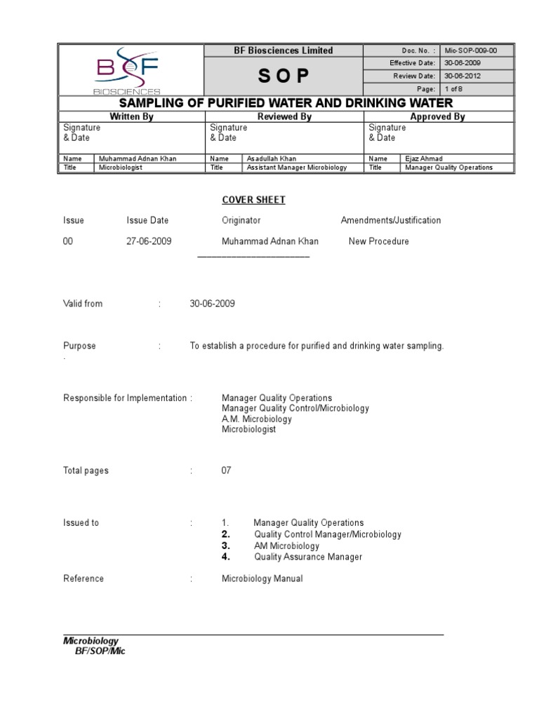 SOP of Sampling | PDF | Purified Water | Chemistry