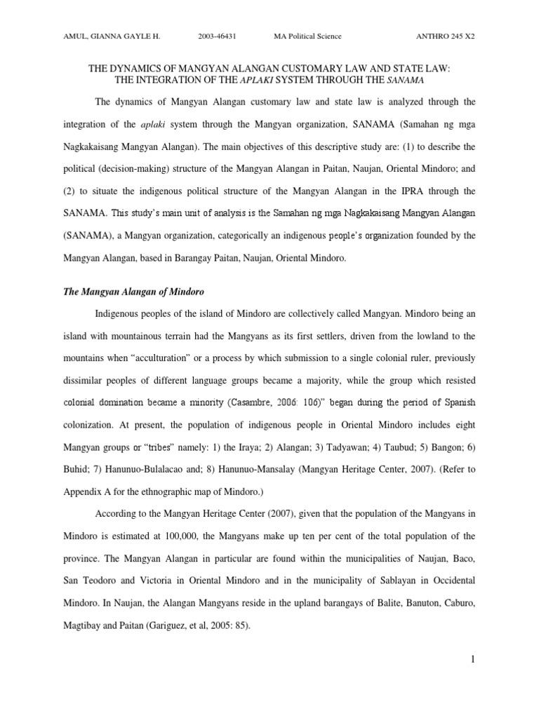 The Dynamics of Mangyan Alangan Customary Law and State Law: The ...