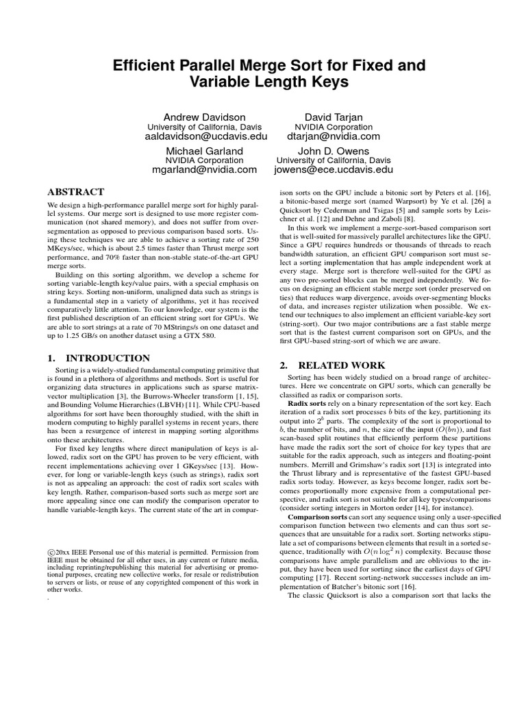 Efficient Parallel Merge Sort For Fixed and Variable Length Keys | PDF ...
