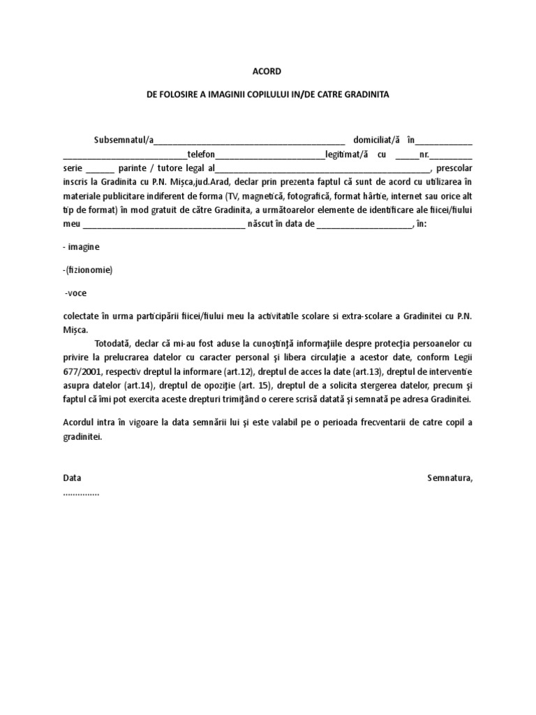 Acord De Folosire A Imaginii Copilului In/De Catre Gradinita