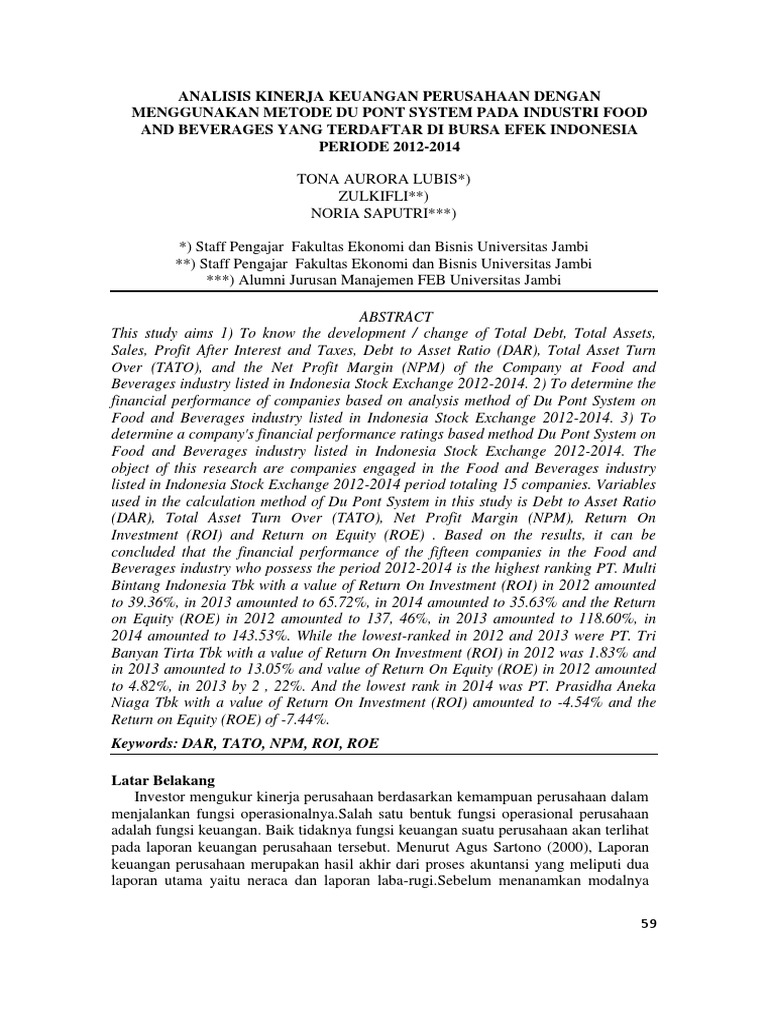 Analisis Kinerja Keuangan Perusahaan Dengan Menggunakan Metode Du Pont System Pada Industri Food ...